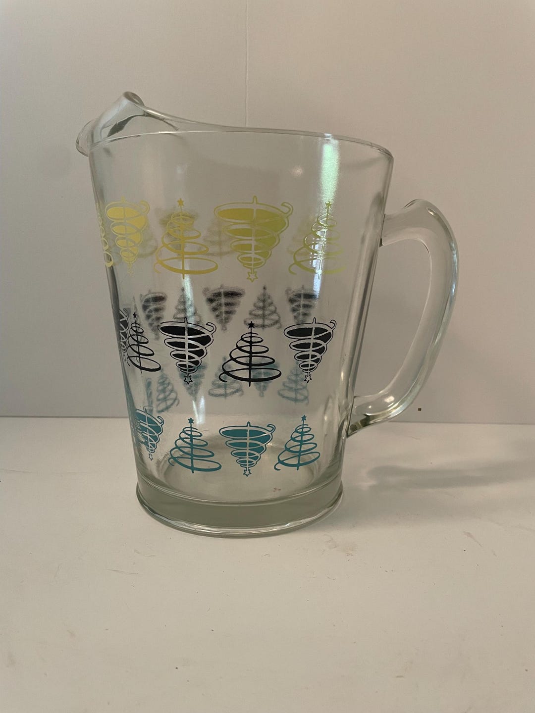 Vintage Clear Glass Pitcher With Atomic Spiral Christmas Trees Mid ...