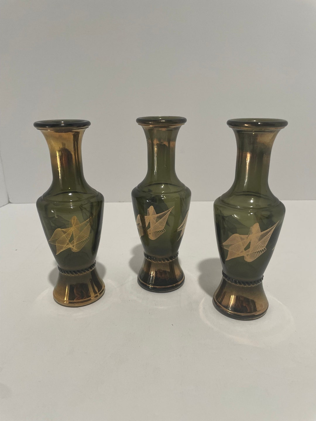 Set of 3 Midcentury Modern Green Smoked Glass Bud Vase Wheaton Ware MCM ...