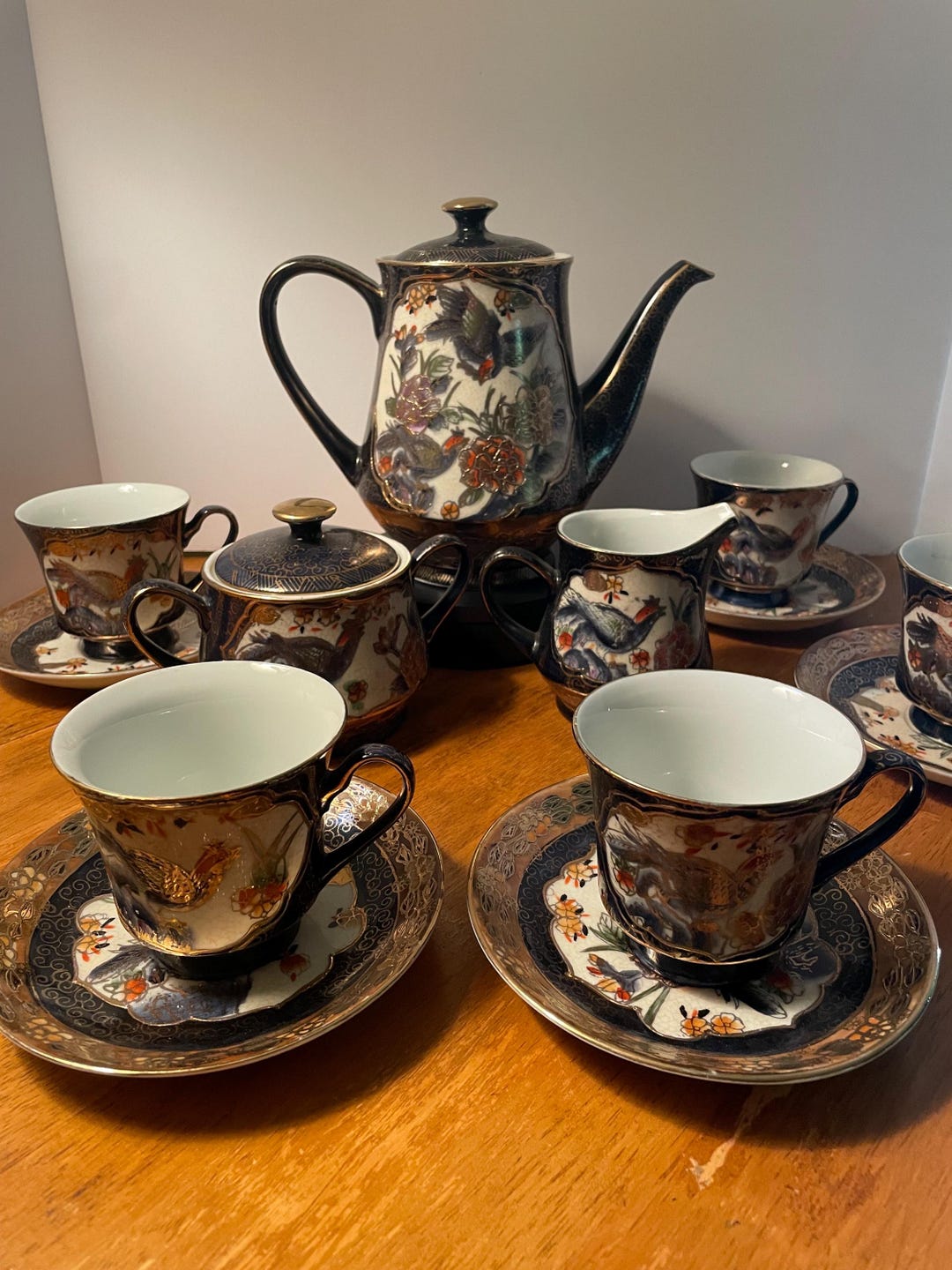 Gorgeous Vintage Satsuma Tea Set Deep Blue With Vivid Color Peacock ...