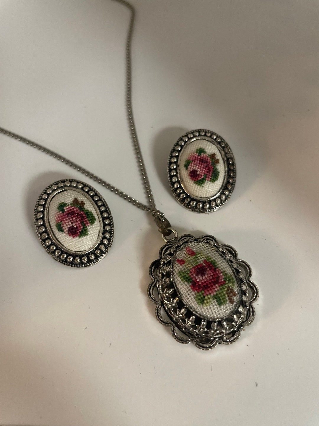 Lovely Oval Petit Point Needlework of Red Rose in Silver Setting ...