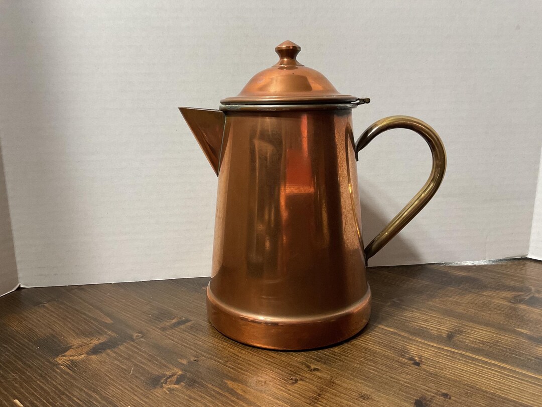 Vintage Copper Coffee Pot With Brass Handle and Lid 48 Ounce Capacity ...