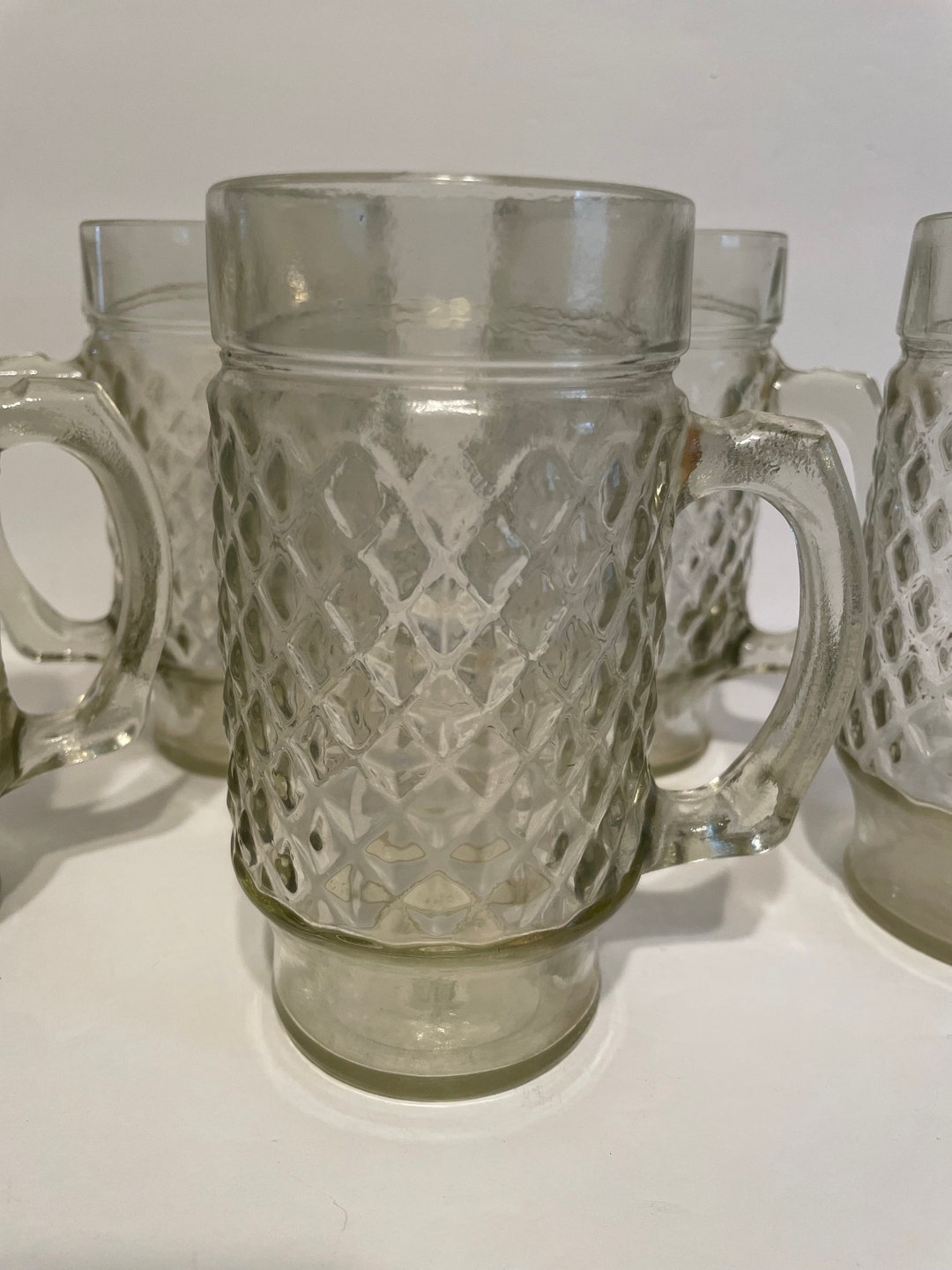 Vintage Glass Footed Handled Root Beer Mugs Beer Ware Diamond Pattern ...