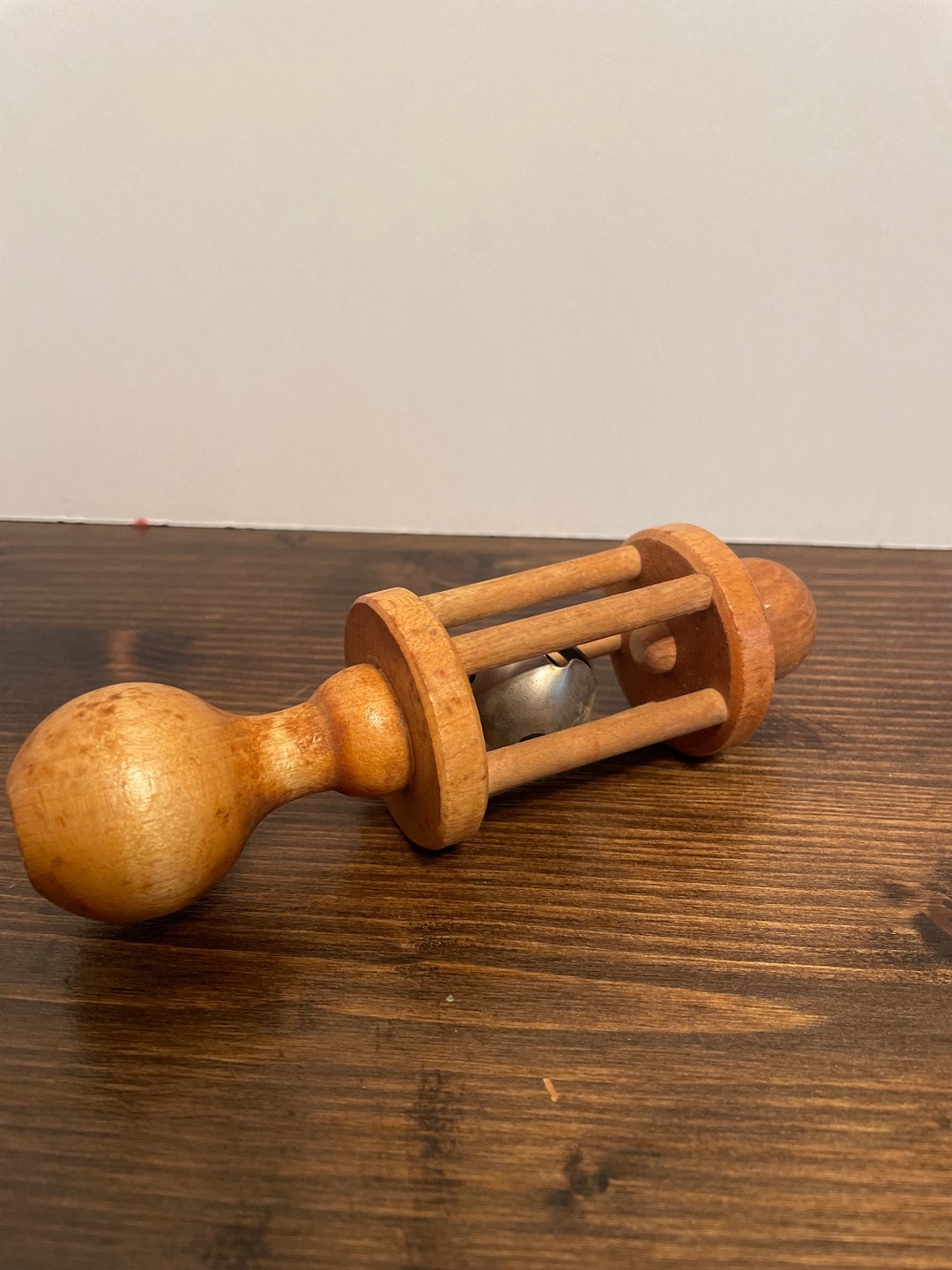 Vintage Handmade Wood Baby Rattler With Bell Possibly Montgomery School ...