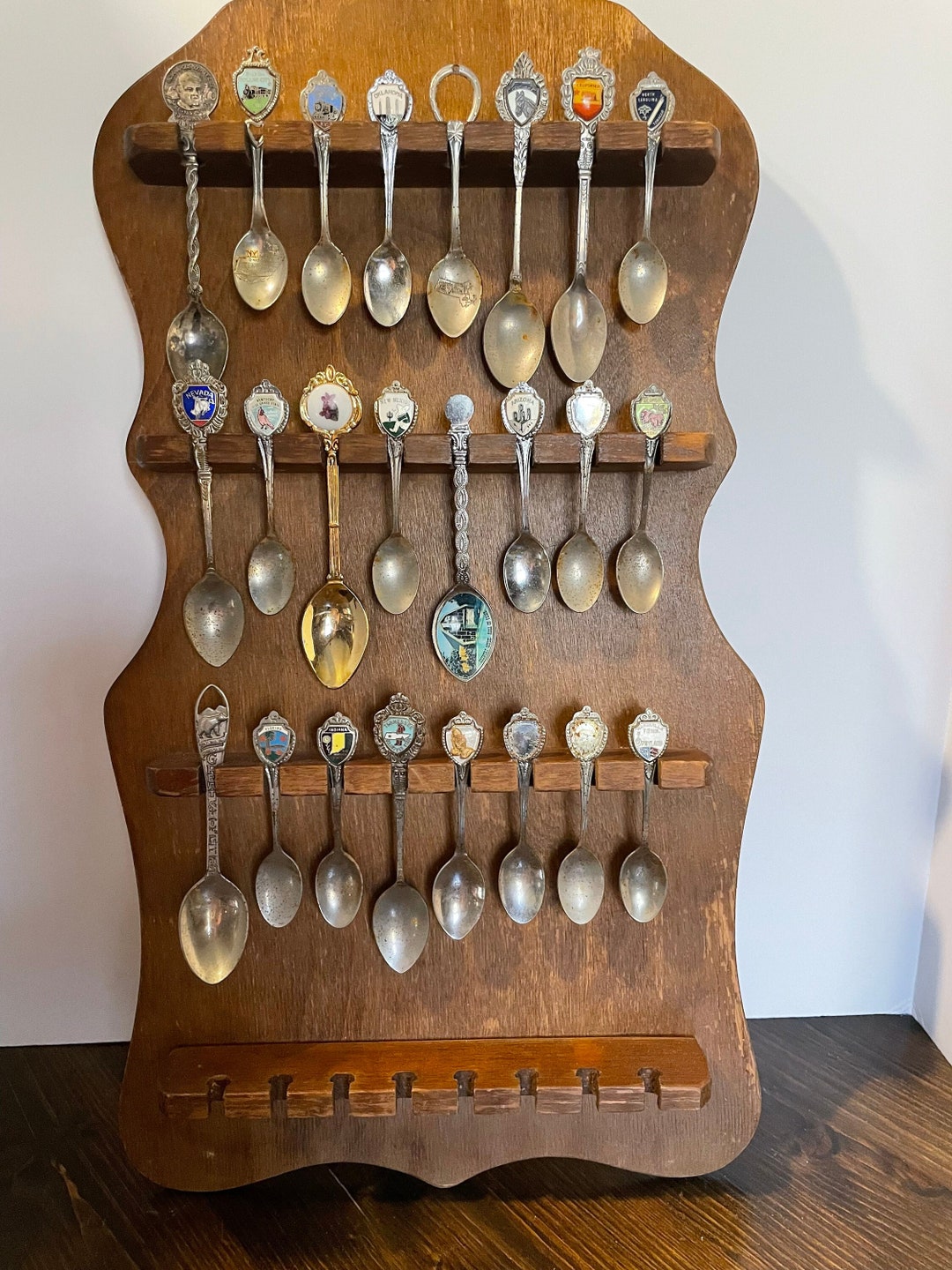 Vintage Wooden Souvenir Spoon Wall Rack Display Holder With Spoons ...