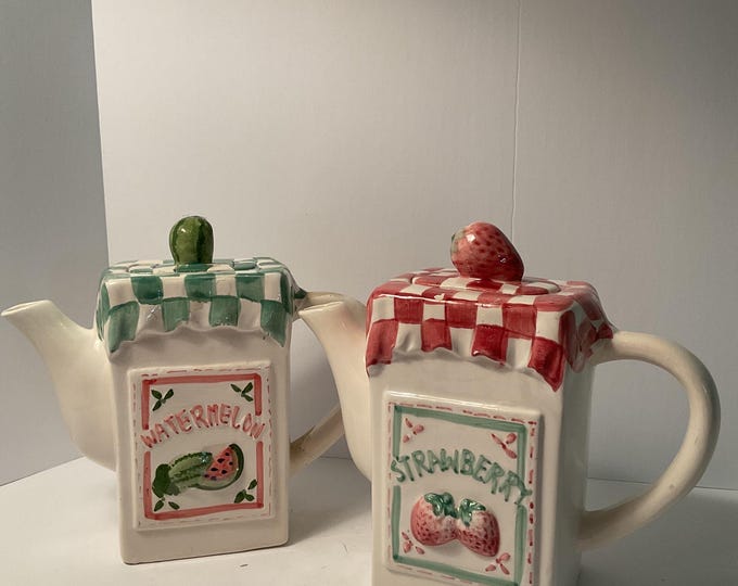 Set of Two Vintage Ceramic Teapots Strawberries and Watermelon Country ...