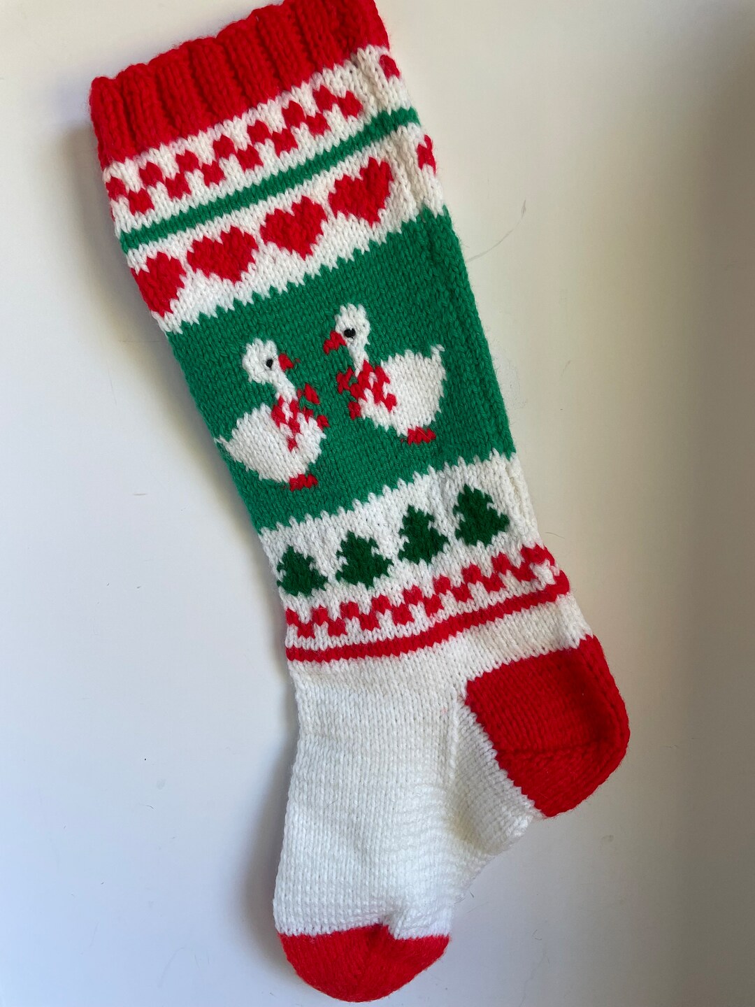 Vintage Handmade, Handknitted Christmas Stocking With Ducks, Large 24 ...