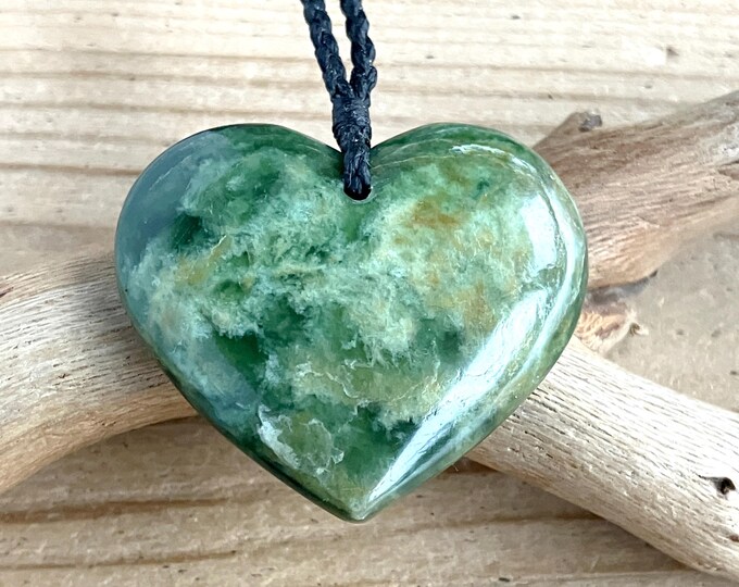 New Zealand Flower Pounamu Jade Greenstone Heart Pendant Necklace 40 Mm ...
