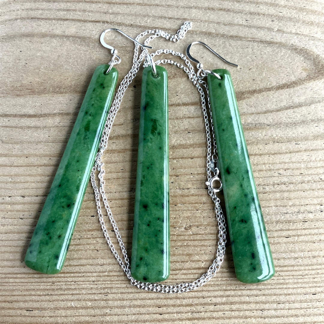 New Zealand Flower Pounamu Greenstone Jade Pendant and Earrings Set 80 ...