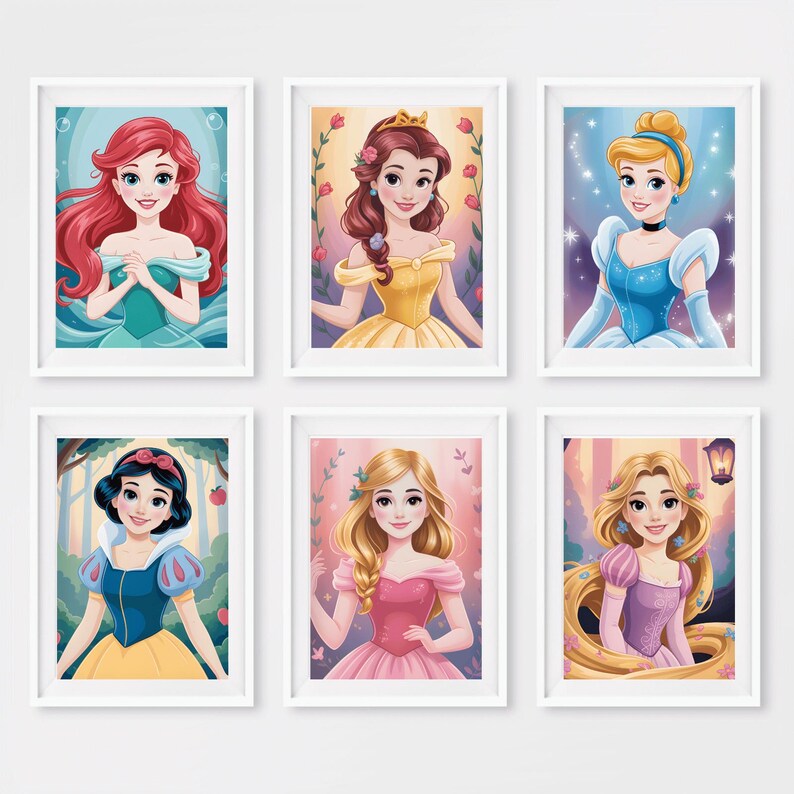 Disney Princess Wall Art Set of 9 – Watercolor Princess Prints – Kids ...
