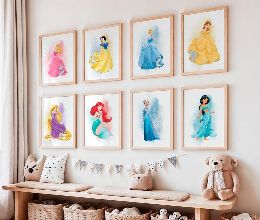 Disney Princess Wall Art Set of 9 – Watercolor Princess Prints – Kids ...