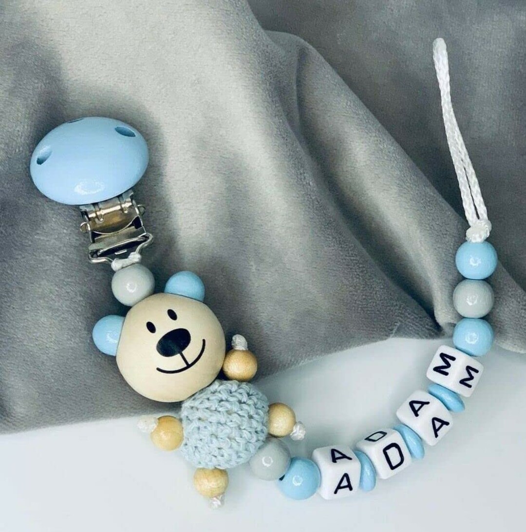 Pacifier Chain Named 3d Blue Bear in Natural Wood FOR Boys - Etsy