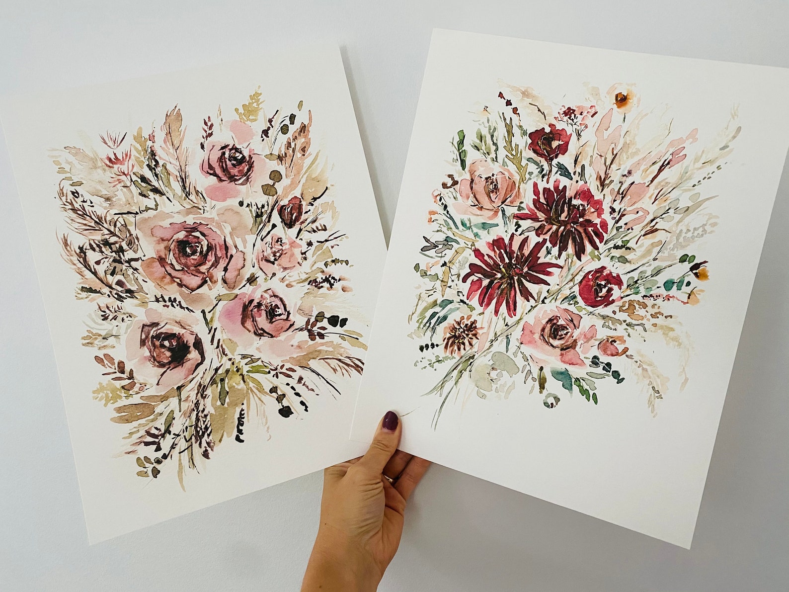 Boho Dusty Rose Watercolor Florals, Watercolour Light Pink White Floral ...
