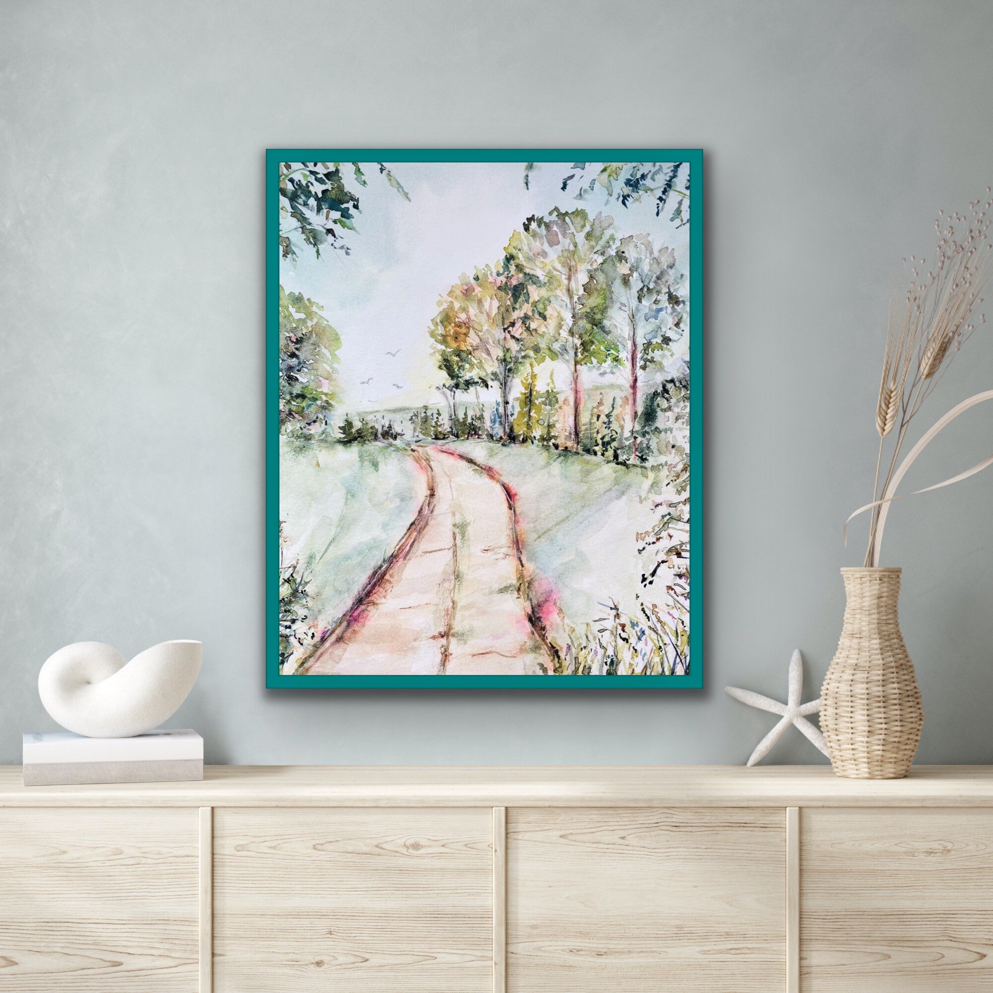 Watercolour Pathway With Trees Artwork, Tall Leafy Trees and Dirt Road ...