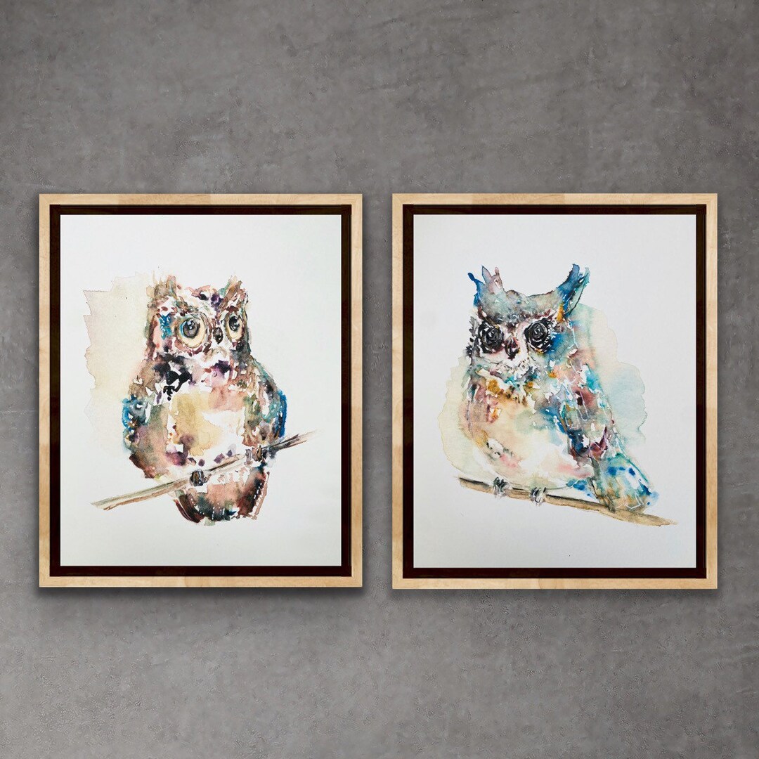 Cutie Whimsical Watercolour Owl Duo, Two Colourful Playful Owls ...