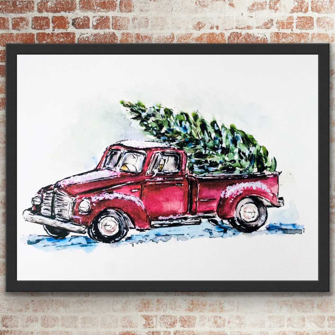 Holiday Christmas Watercolour Truck, Truck Carrying Tree Print, Old Red ...