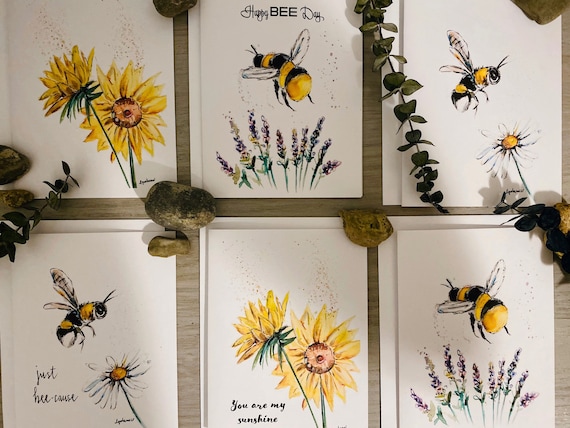 Assorted Bee Watercolour Cards Sunflower Cards Happy Bee Day | Etsy Canada