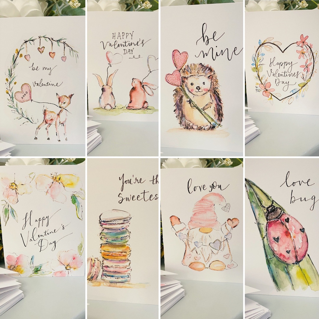 Pack of 8 Watercolour Valentines Cards, 2023 Valentines Day Cards ...