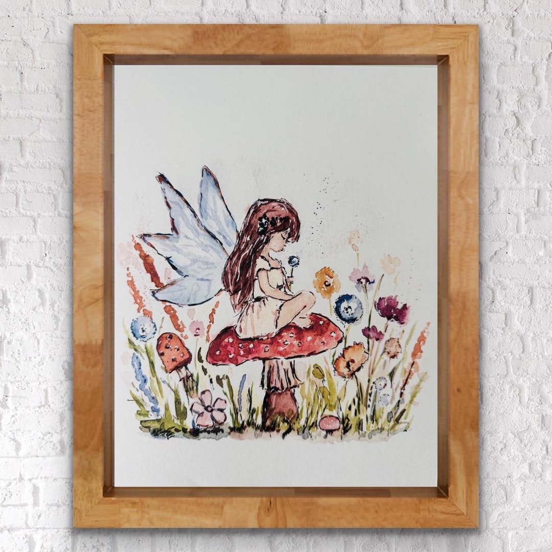 Watercolour Brown Hair Fairy, Whimsical Fairy Mushroom Art, Boho Fairy ...