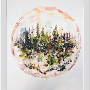 Circular Forest Watercolor Art, Moody Trees Forest Design, Enchanted ...