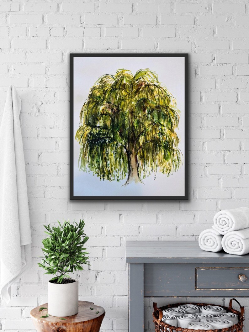 Wispy Willow Tree Watercolour Print, Willow Tree Illustrated Wall Art ...