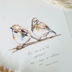 His Eye is on the Sparrow Watercolour Bird Print, Two Sparrows and ...
