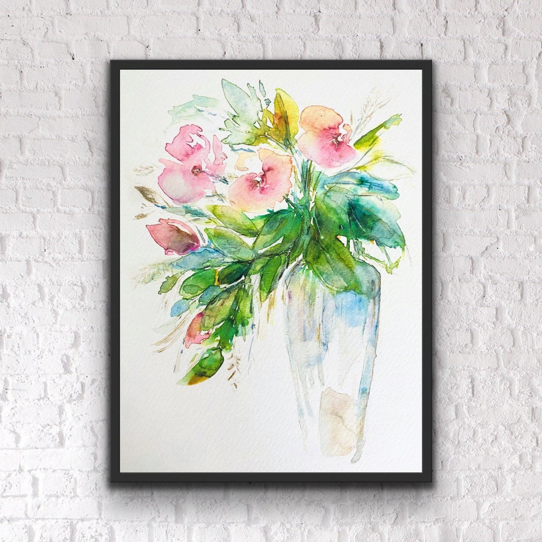 Watery Pink Florals in Vase Watercolor Print, Elegant Floral Art Print ...