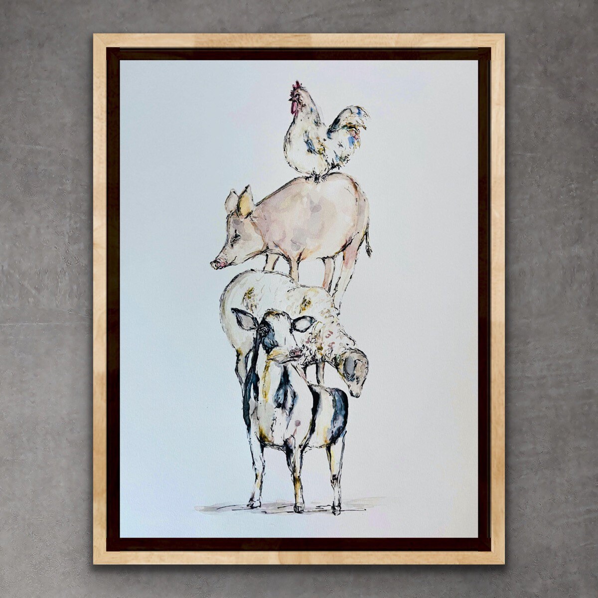 Stacked Animals Watercolour Print, Cow Sheep Pig Rooster Watercolour ...