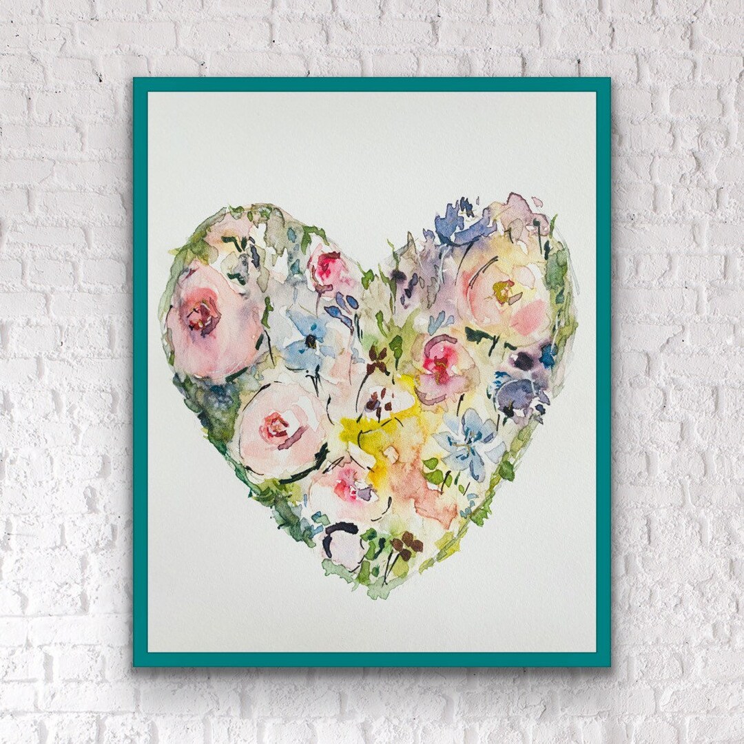 Watercolour Floral Heart Art Print, Watery Floral Heart Watercolour ...