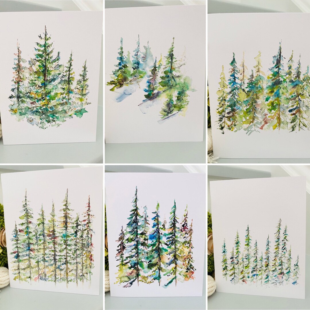 Watercolour Evergreen Forest Cards, Blank Watercolour Nature Cards ...