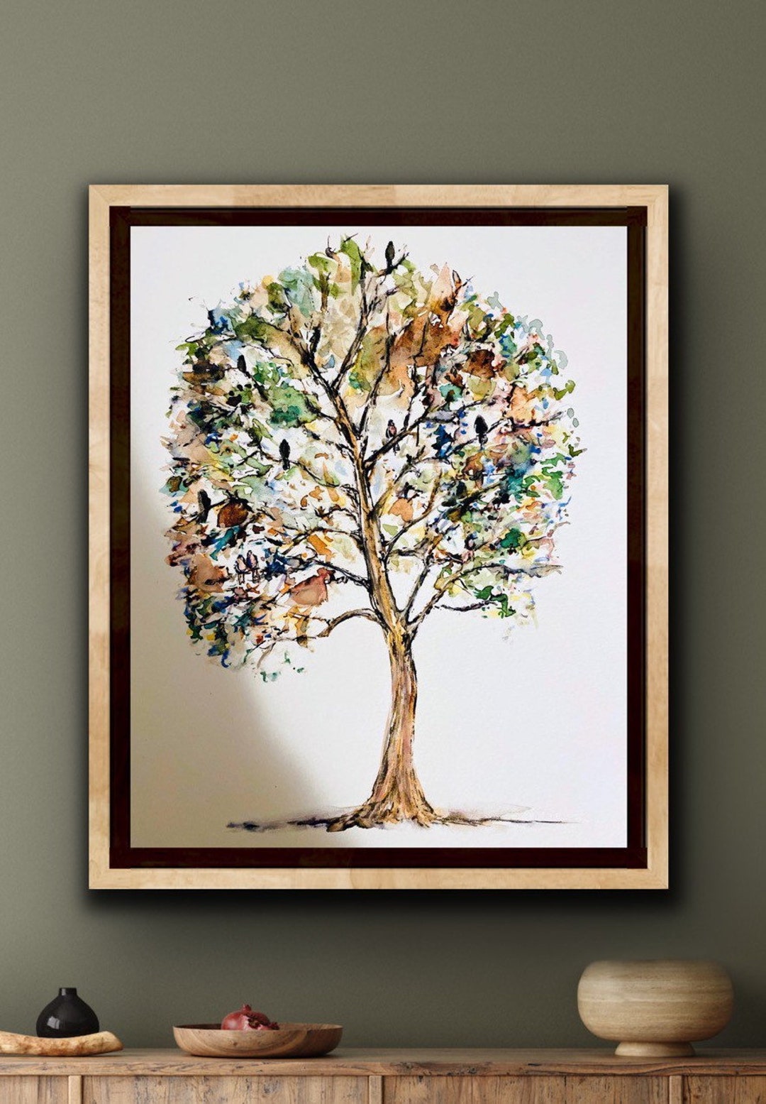 Whimsical Colourful Tree With Birds, Birds Perched in Tree Watercolour ...