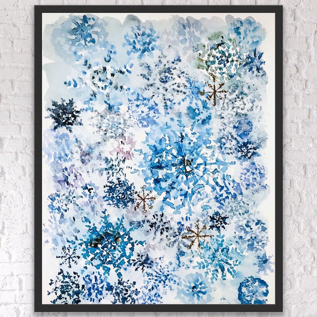 Pretty Blue Snowflakes Print, Snowflake Watercolor Prints, Elegant ...