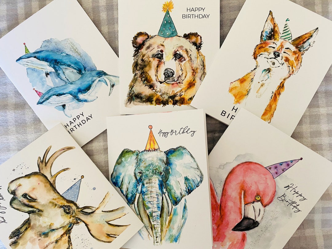 Animal Party Hat Birthday Cards, 6 Pack of Happy Birthday Party Animal ...