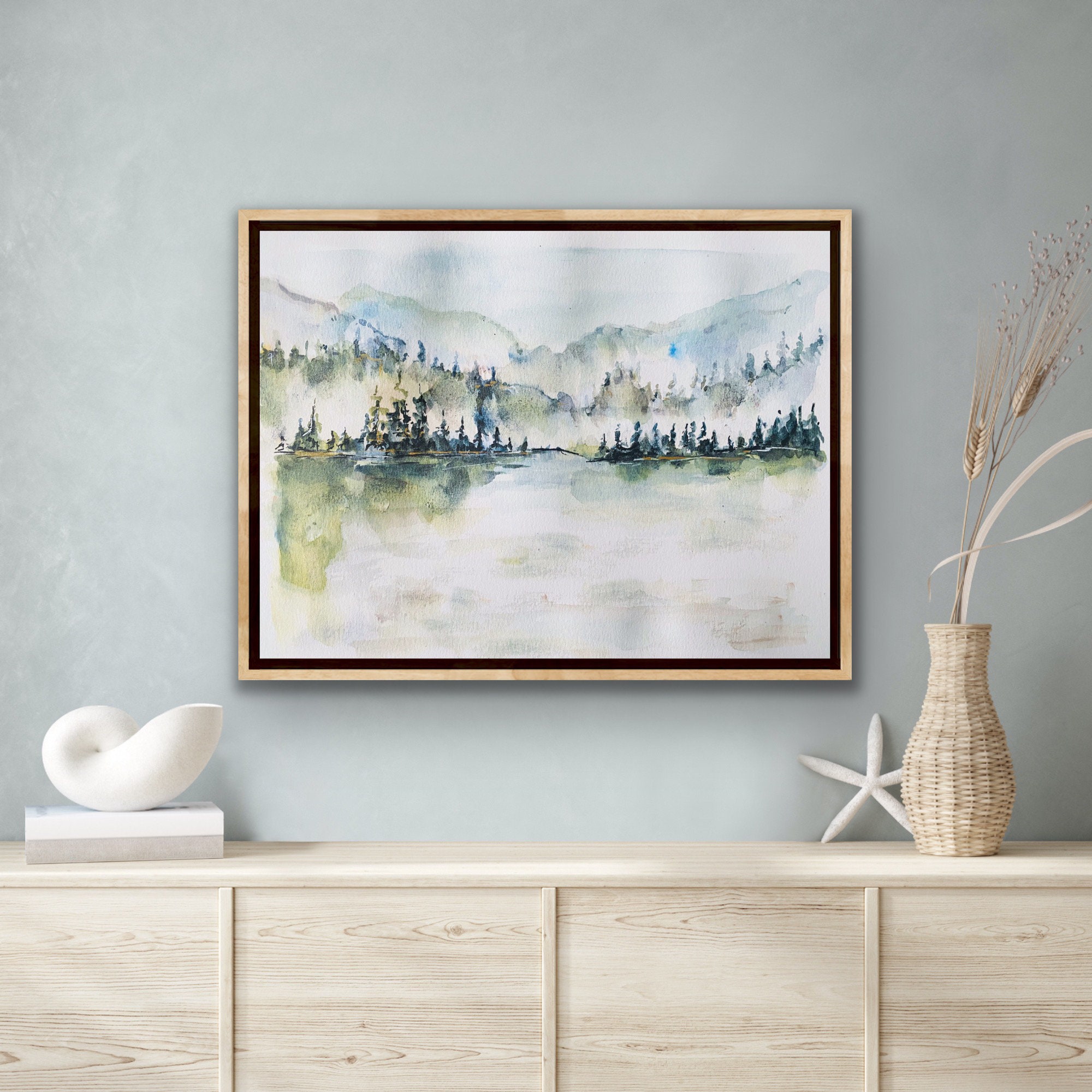 Rustic Landscape Wall Art, Lake and Mountains Vintage Watercolour Decor ...