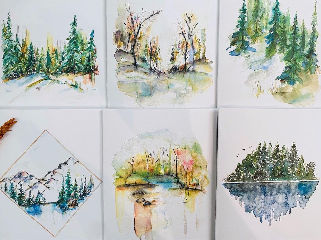 Blank Forest Watercolour Greeting Cards, Abstract Nature Tree Scenery ...