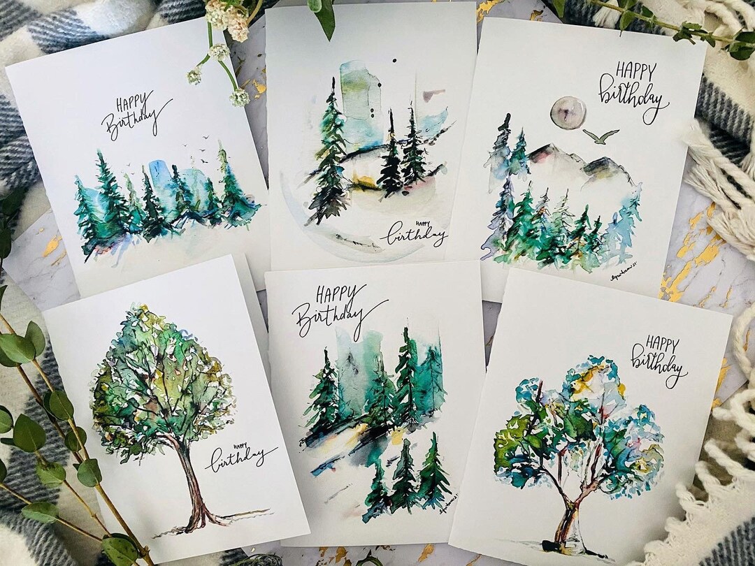 Happy Birthday Watercolour Pack of 6 Forest Folded Cards, Assorted ...
