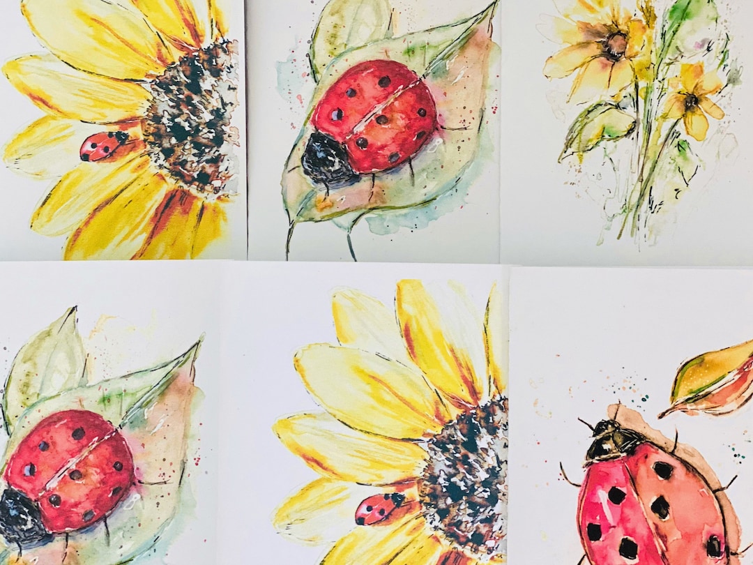 Package of 6 Ladybug and Sunflower Greeting Cards, Watercolour Ladybug ...