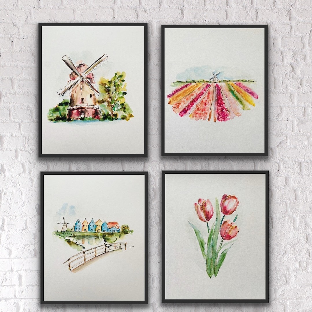 Holland Netherlands Watercolour Illustrations, Set of Four Dutch ...
