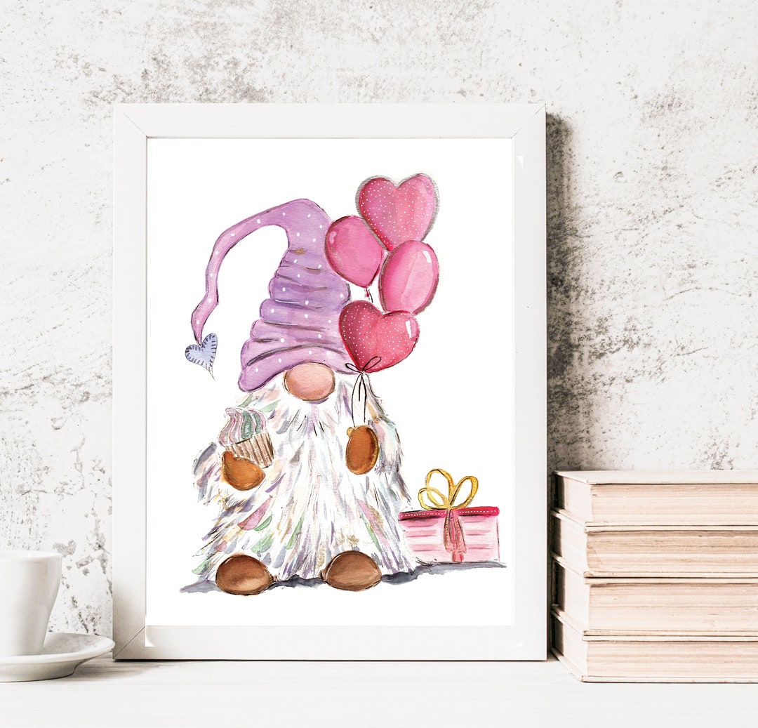 Happy Birthday Heart Gnome, Watercolour Love Gnome, Birthdays Wall Art ...
