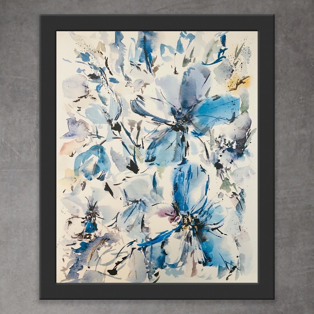 Blue Abstract Loose Floral Watercolour Art Print, Blue Flowers and ...
