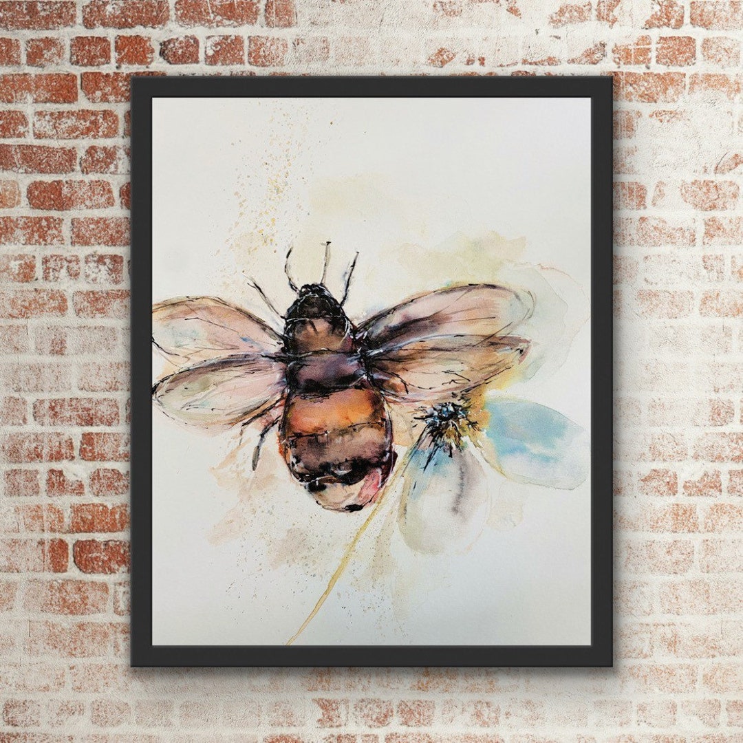Bumble Bee Floral Wall Art, Queen Bee With Floral Watercolour Print ...