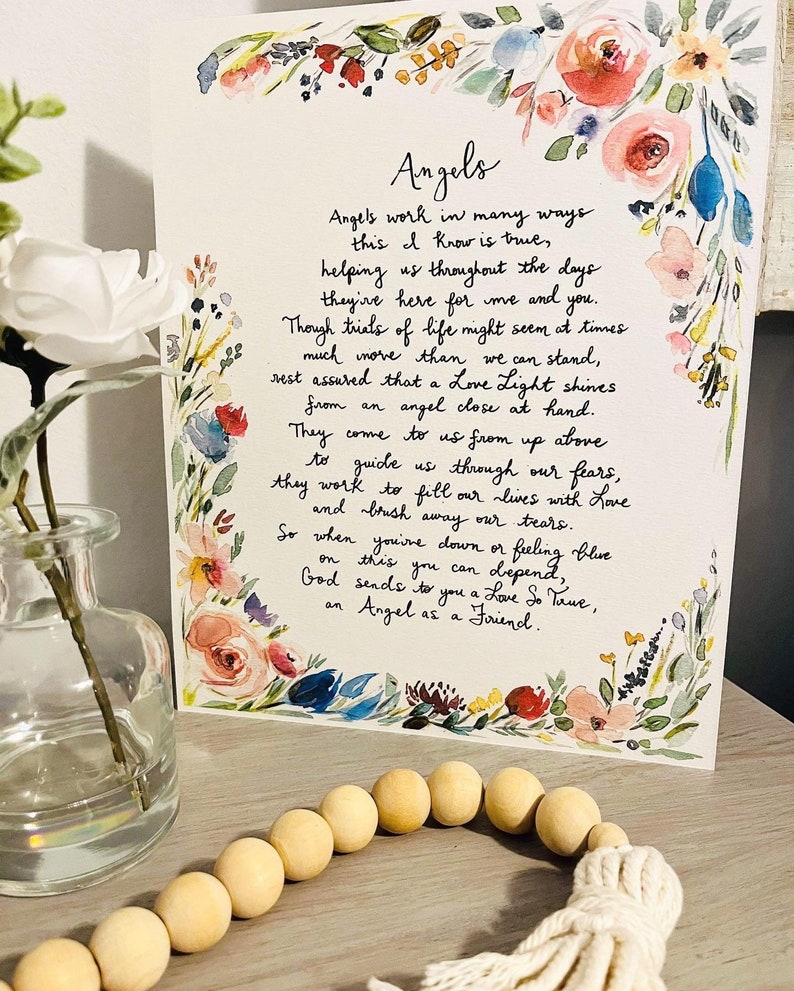 An Angel Poem Print, Watercolour Floral Angel Grief Print, With ...