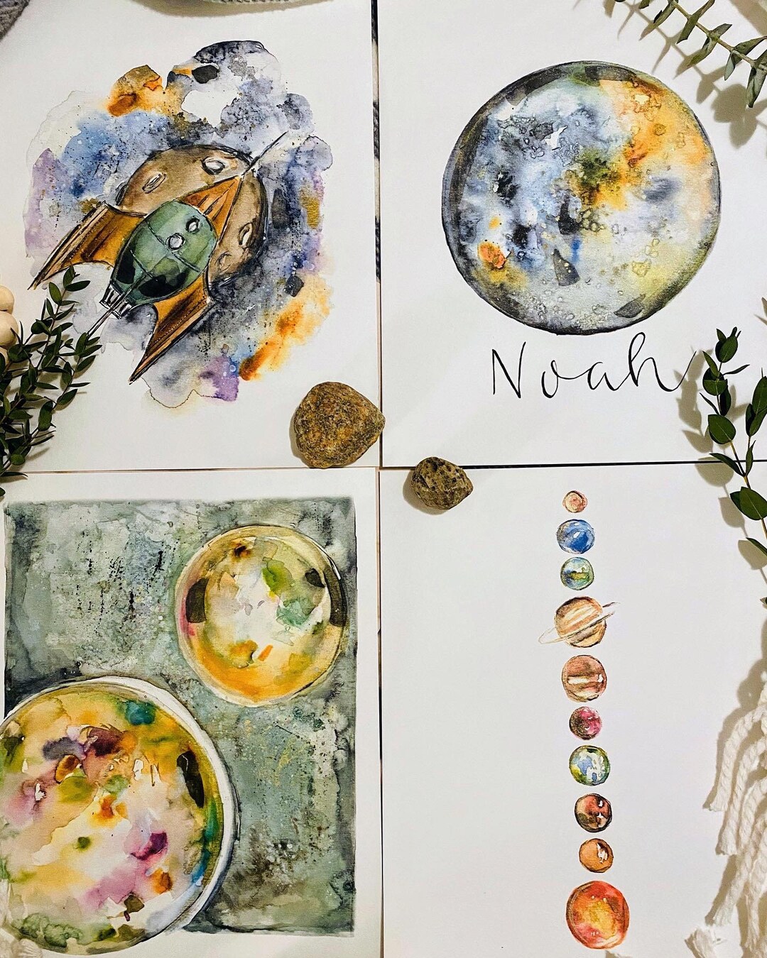 Four Piece Watercolour Galaxy Space Themed Kids Prints, Personalized ...