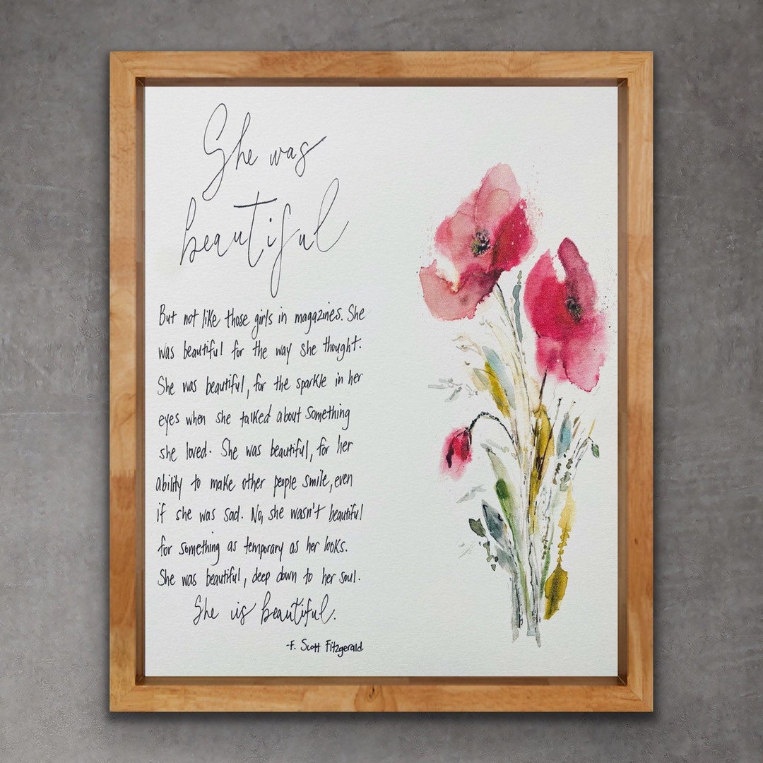 She Was Beautiful Scott Fitzgerald Watercolour Print, Poppy Watercolour ...