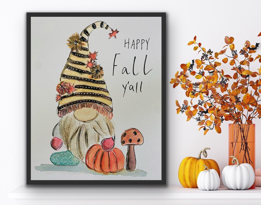 Happy Fall Yall Watercolour Gnome Print, Happy Fall Gnome Watercolour ...