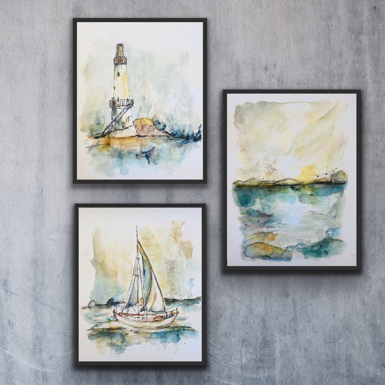 Nautical Themed Watercolour Ocean Prints Lighthouse Sailboat - Etsy