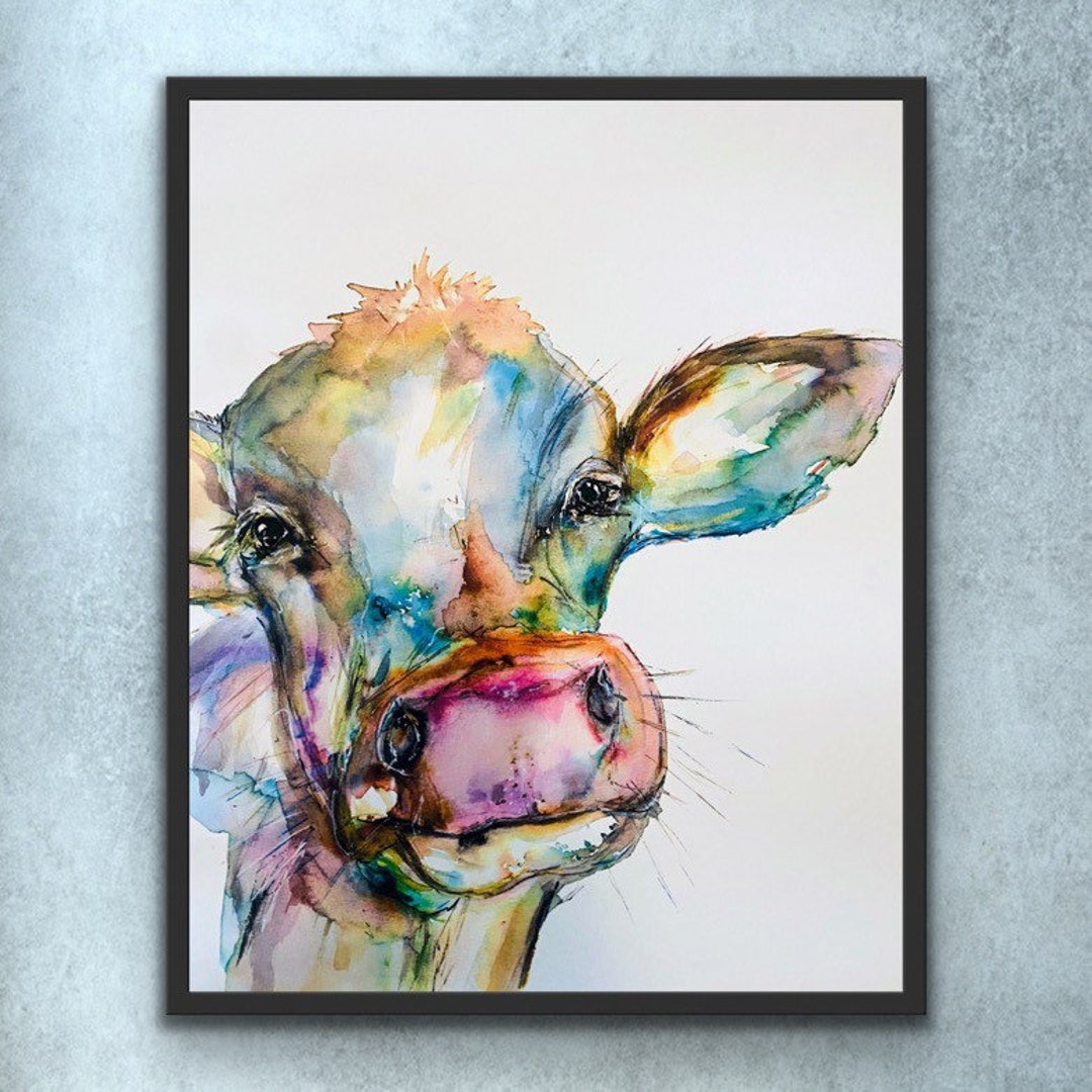 Bright Colourful Cow Art Print, Rainbow Pop of Colour Holstein Wall Art ...