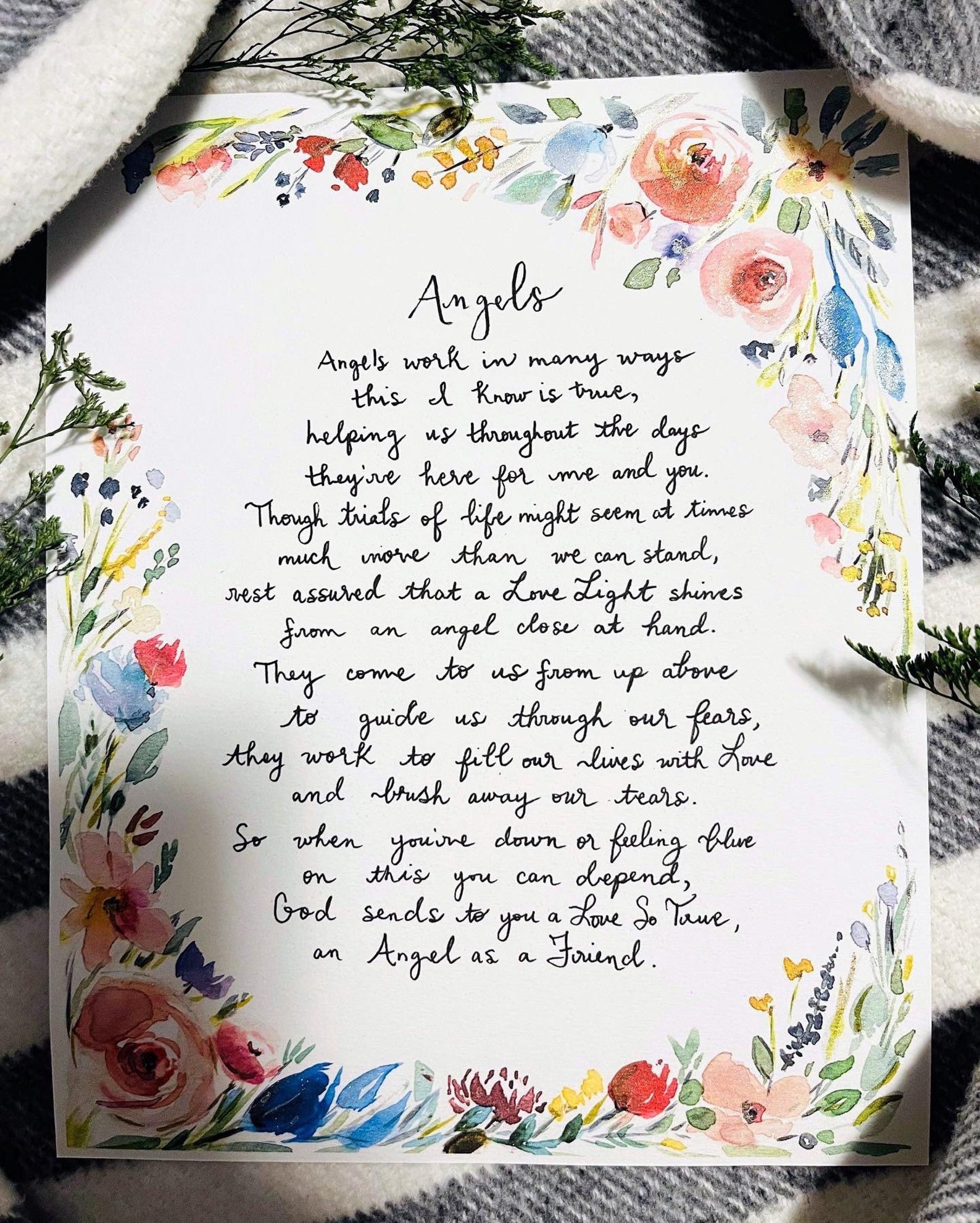 An Angel Poem Print, Watercolour Floral Angel Grief Print, With ...