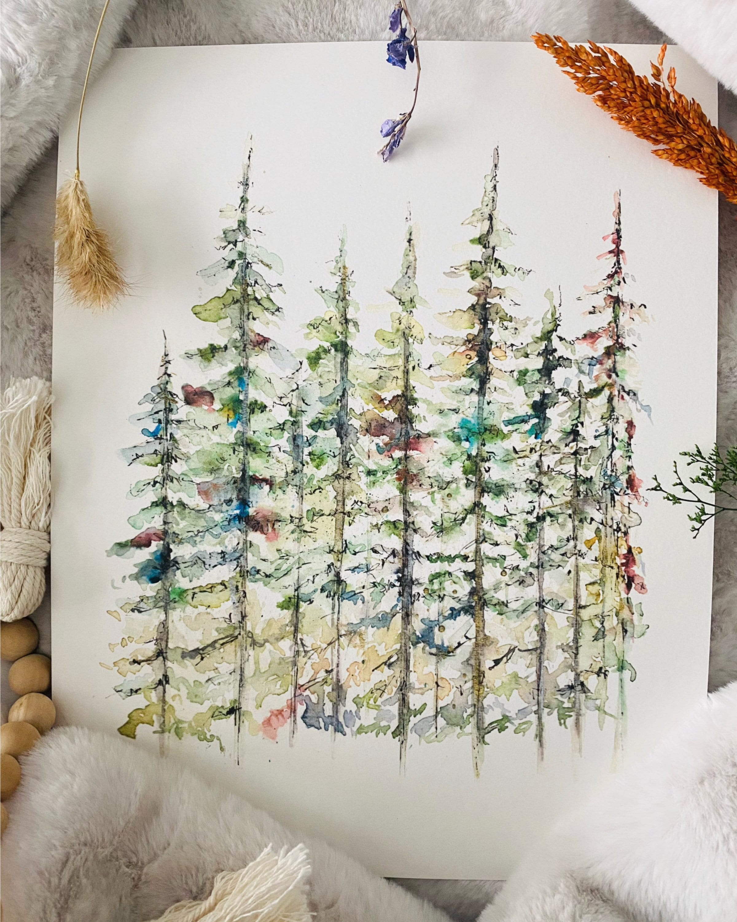 Tall Evergreens Watercolour Print, Watery Evergreen Colourful Print ...