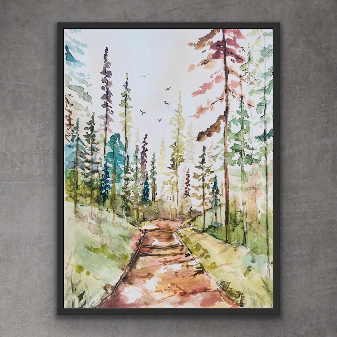 Boho Pathways of Tall Trees, Earthy Tones Watercolour Dirt Path Wall ...