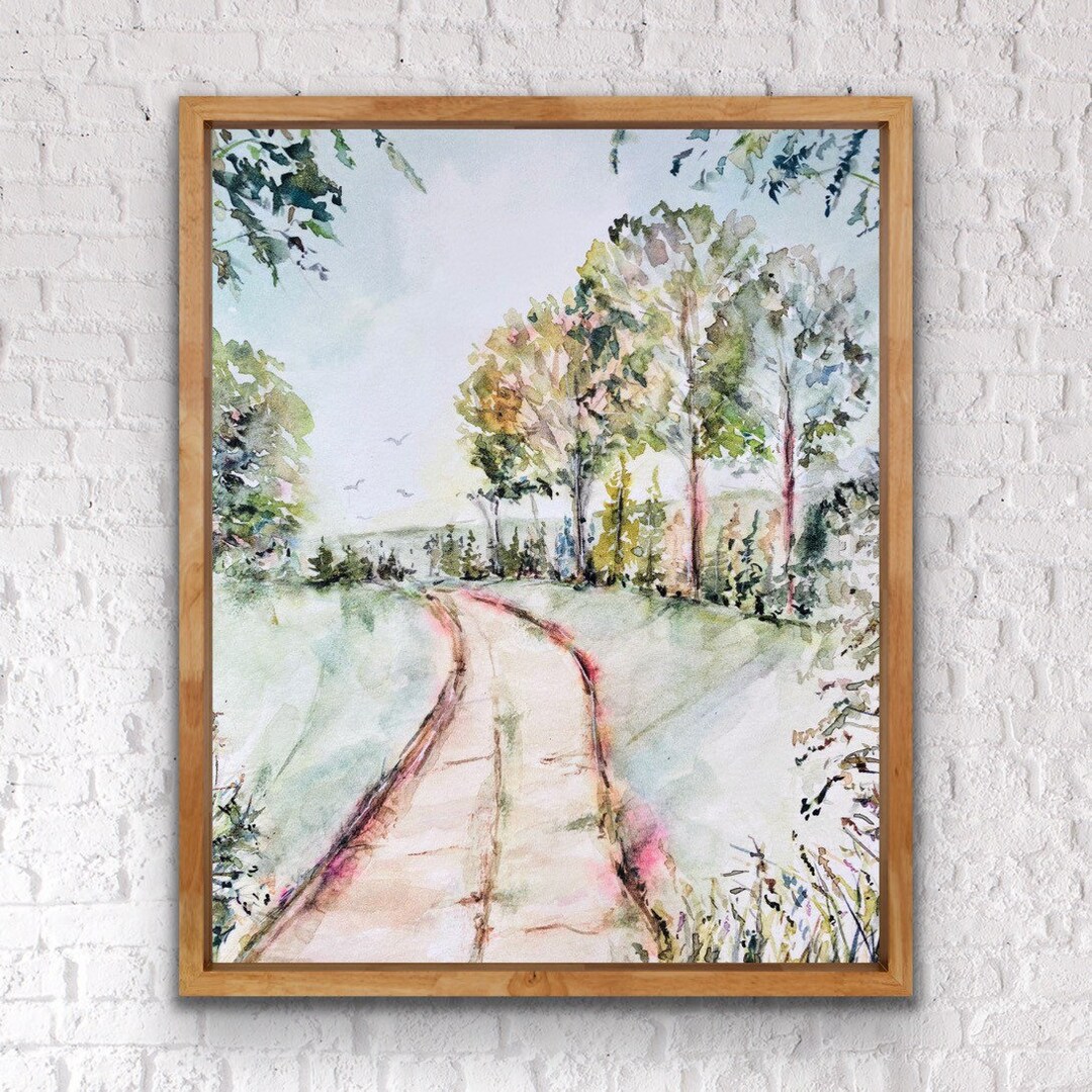 Watercolour Pathway With Trees Artwork, Tall Leafy Trees and Dirt Road ...